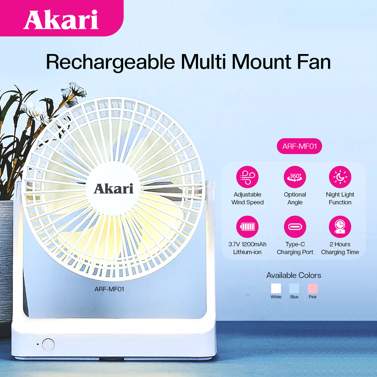 Akari Rechargeable Multi Mount Fan (ARF-MF01) – Akari.store