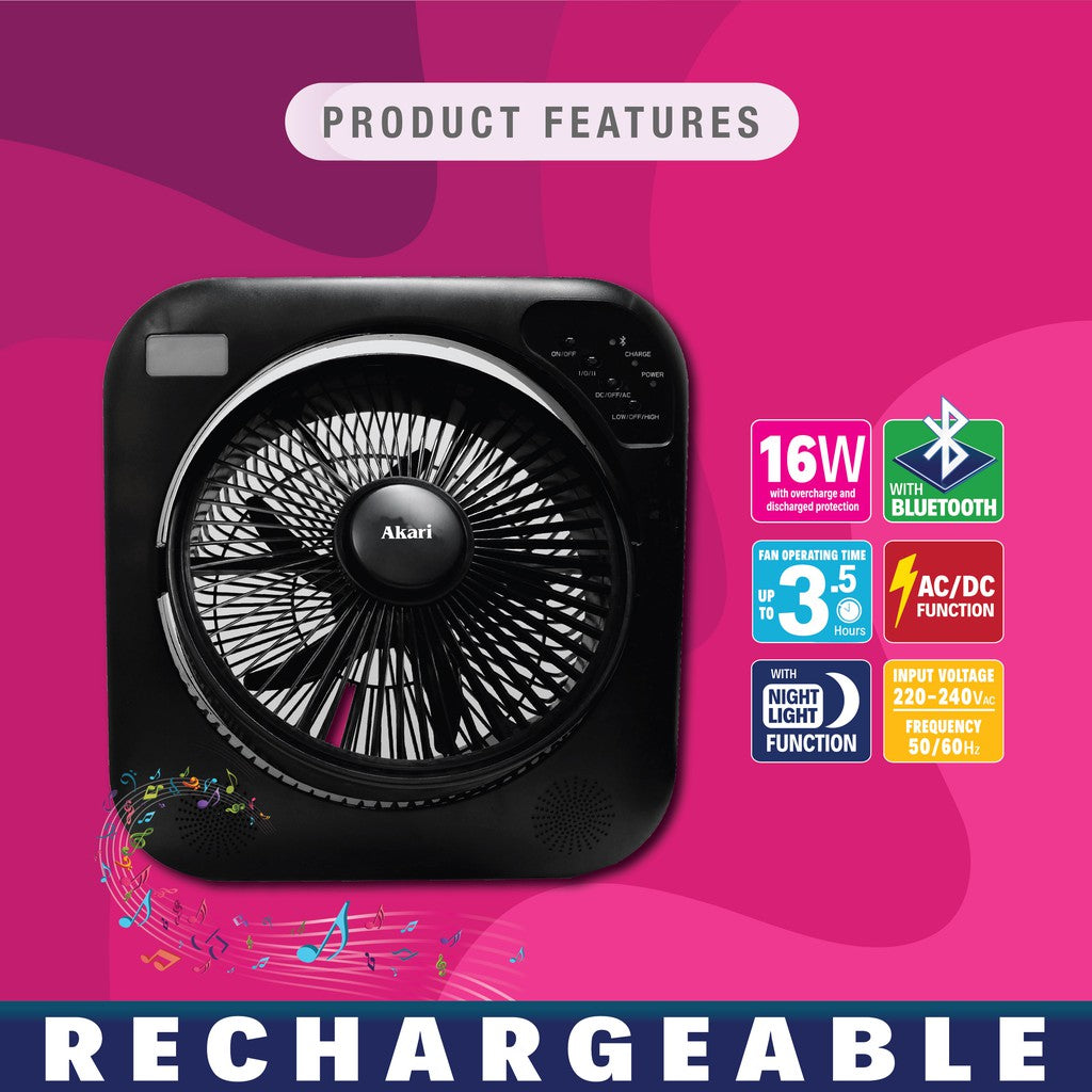 Akari 12" Rechargeable Box Fan with BT Speaker & LED Light (ARBF-5513M ...